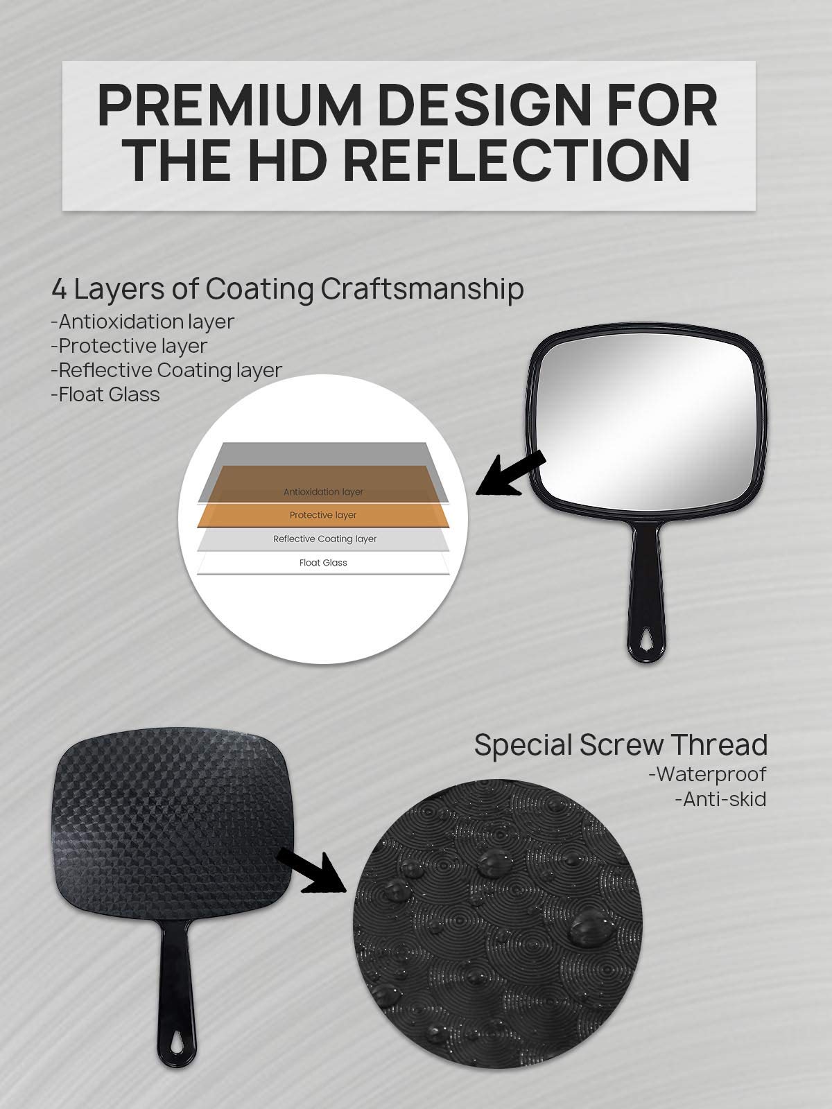 OMIRO Hand Mirror, All Black Handheld Mirror with Handle, 6.6" W x 9.3" L