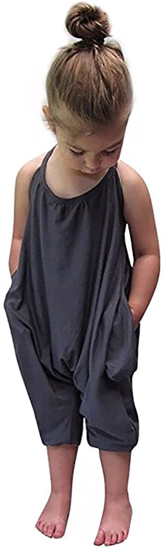 Darkyazi Baby Summer Jumpsuits for Girls Kids Cute Backless Harem Strap Romper Jumpsuit Toddler Pants Size 2-8Y (5T, Grey)