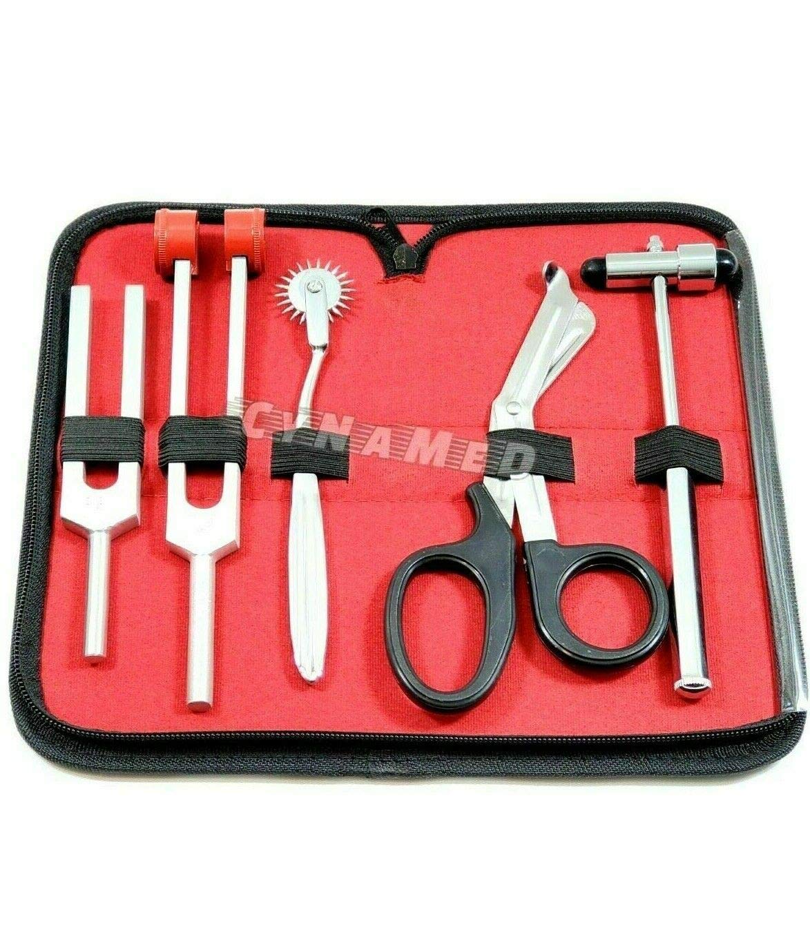 5 Piece Student Diagnostic Kit - Reflex Neurological Buck Hammer And Tuning Fork Set C 128 And C 512. Includes Wartenberg Pinwheel, Premium Steel Bandage Scissor 7.5β Black