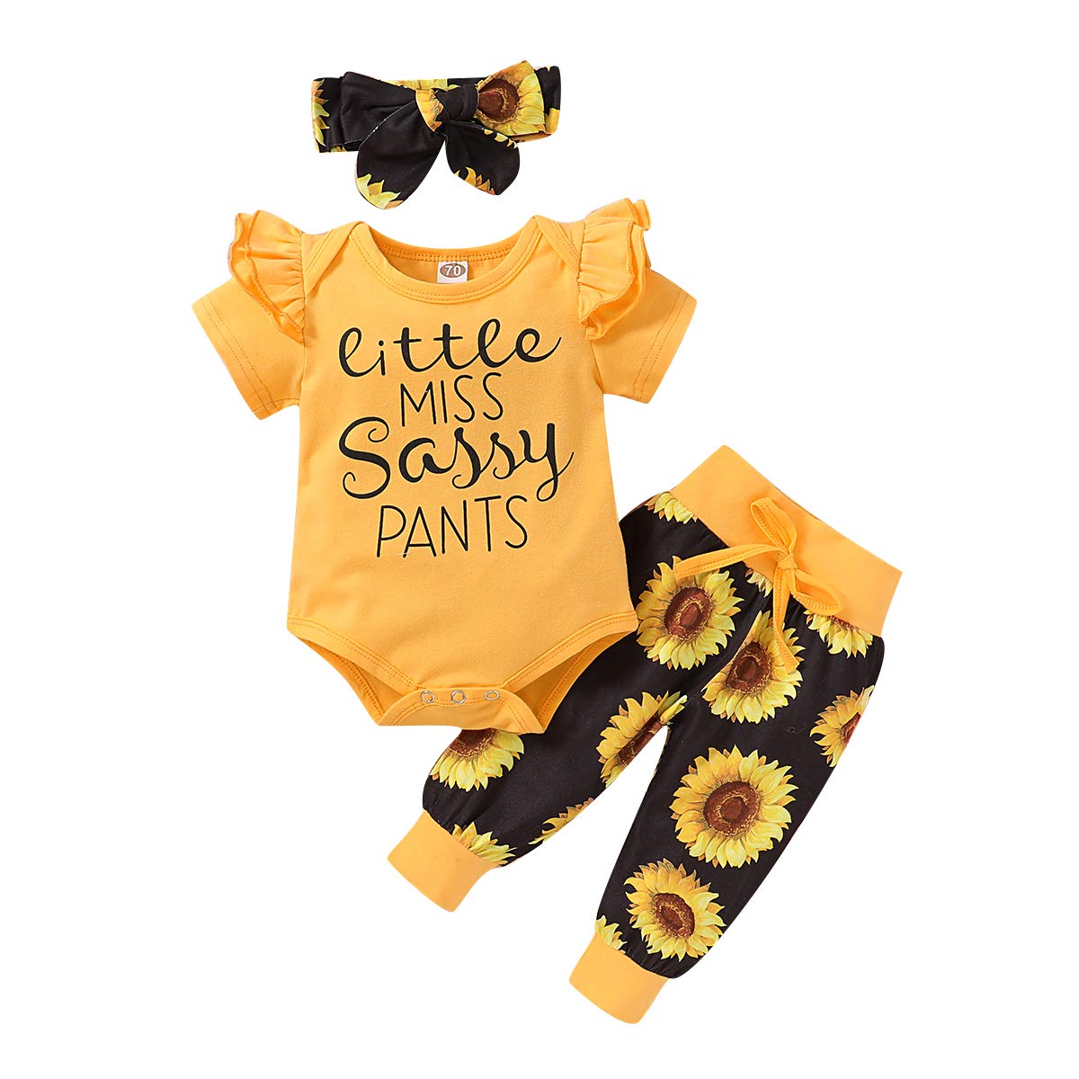 MIEKISA Baby Girls Newborn 3PCS Clothes Outfit Top Flower Printed T Shirt Pants Headband Bodysuit (Yellow, 0-3 Months(Tag 70))