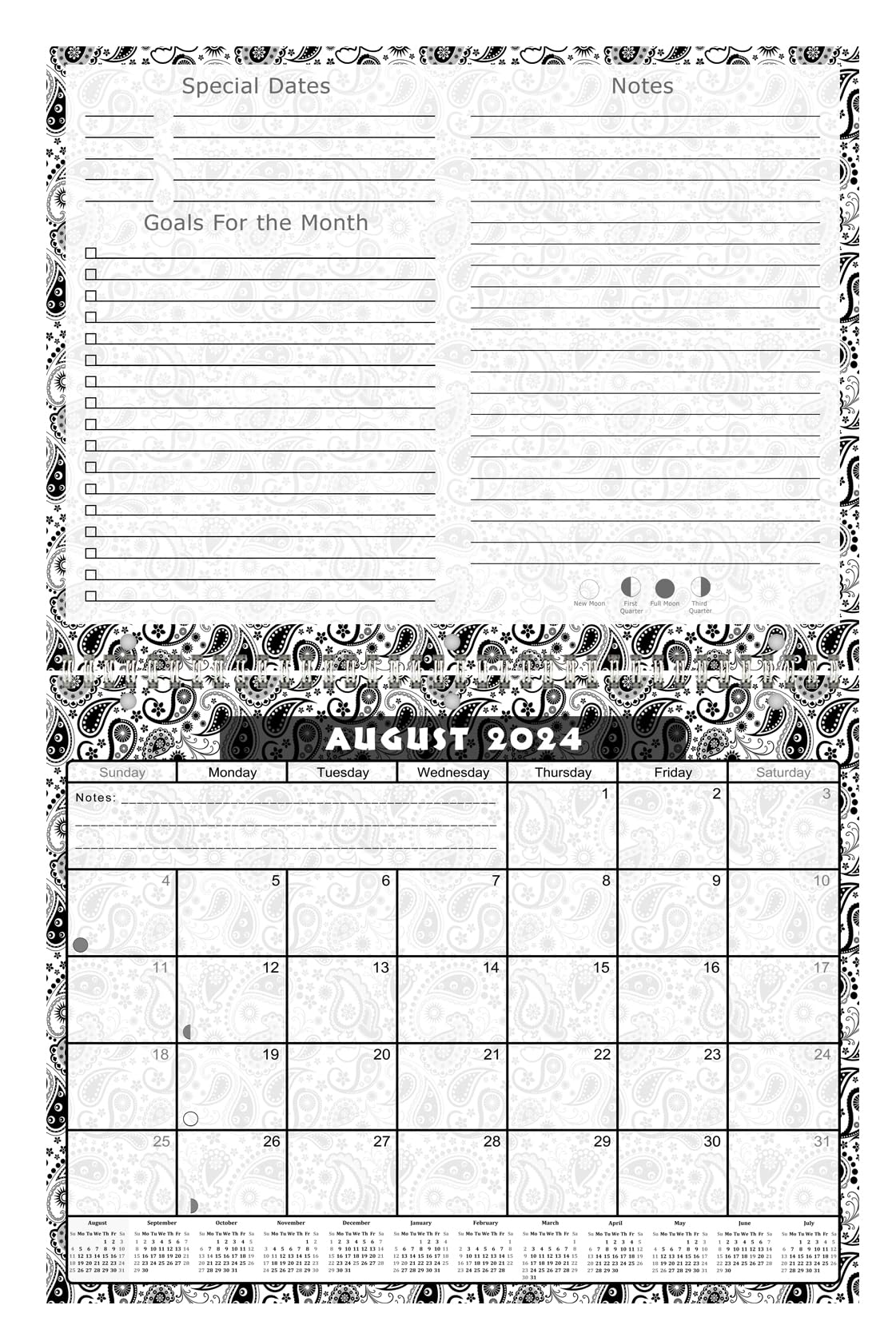2024-2025 Academic Year 12 Months Student Calendar/Planner for Wall & Desk & 3-Ring Binder, for School, Teacher, Student (Black&White Paisley Edition #010)