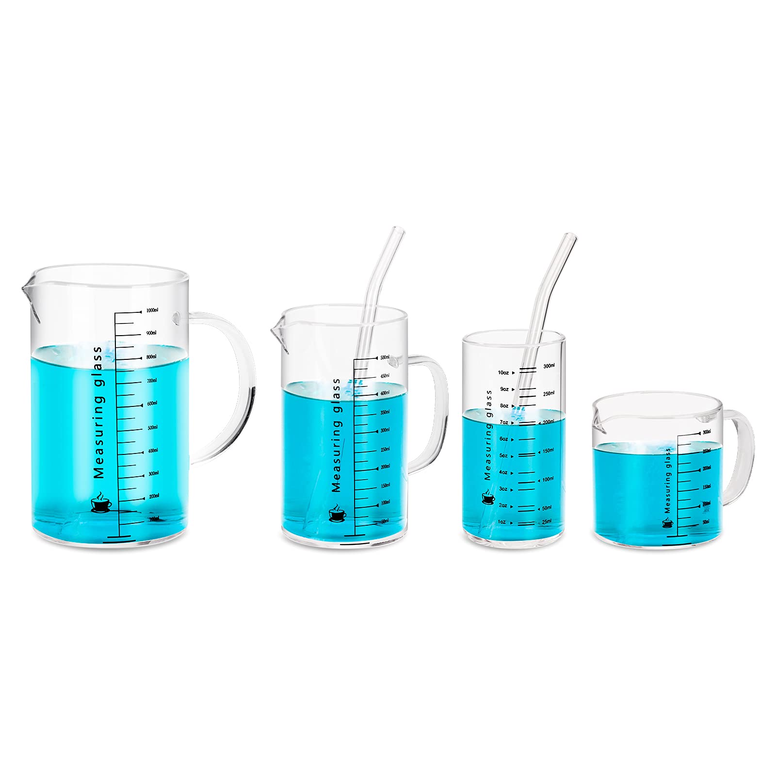 Lab Measuring Glass Beaker Set - Borosilicate Glass Beaker with Handle and gateļ¼4 beakers and 2 Glass Strawsļ¼ High and Low-Temperature Resistance