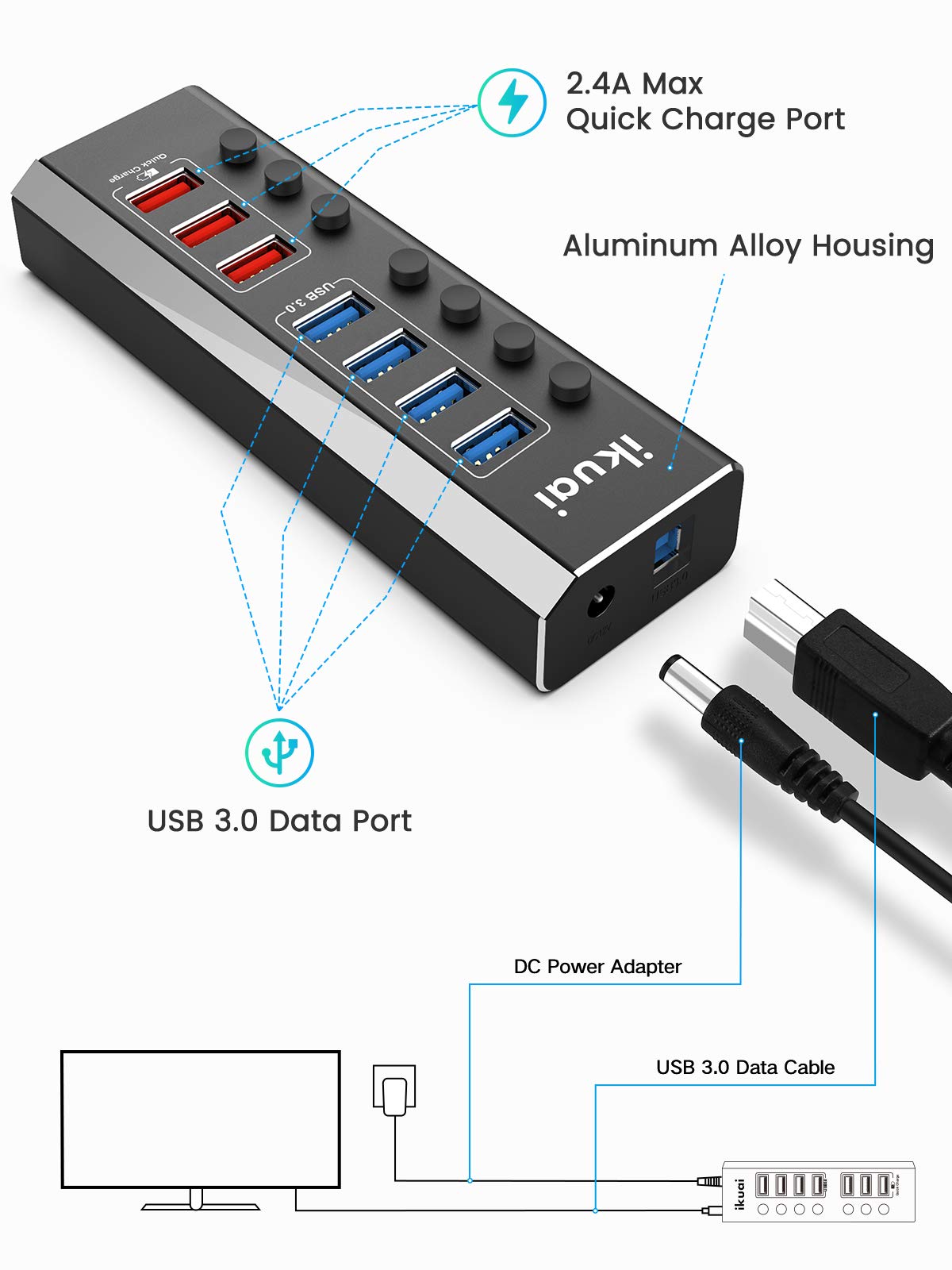 Powered USB 3.0 Hub, ikuai 7 Ports Aluminum USB Splitter Hub (3 Faster Data Transfer Ports+ 4 Smart Charging Ports) with Individual LED On/Off Switches, Multi USB Port for PC, Mac (RSW-A37)
