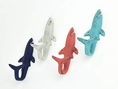 Set of 4 Cast Iron Coastal Shark Tail Wall Hooks Decorative Nautical Beach Bathroom Towel Or Coat Hanging Decor