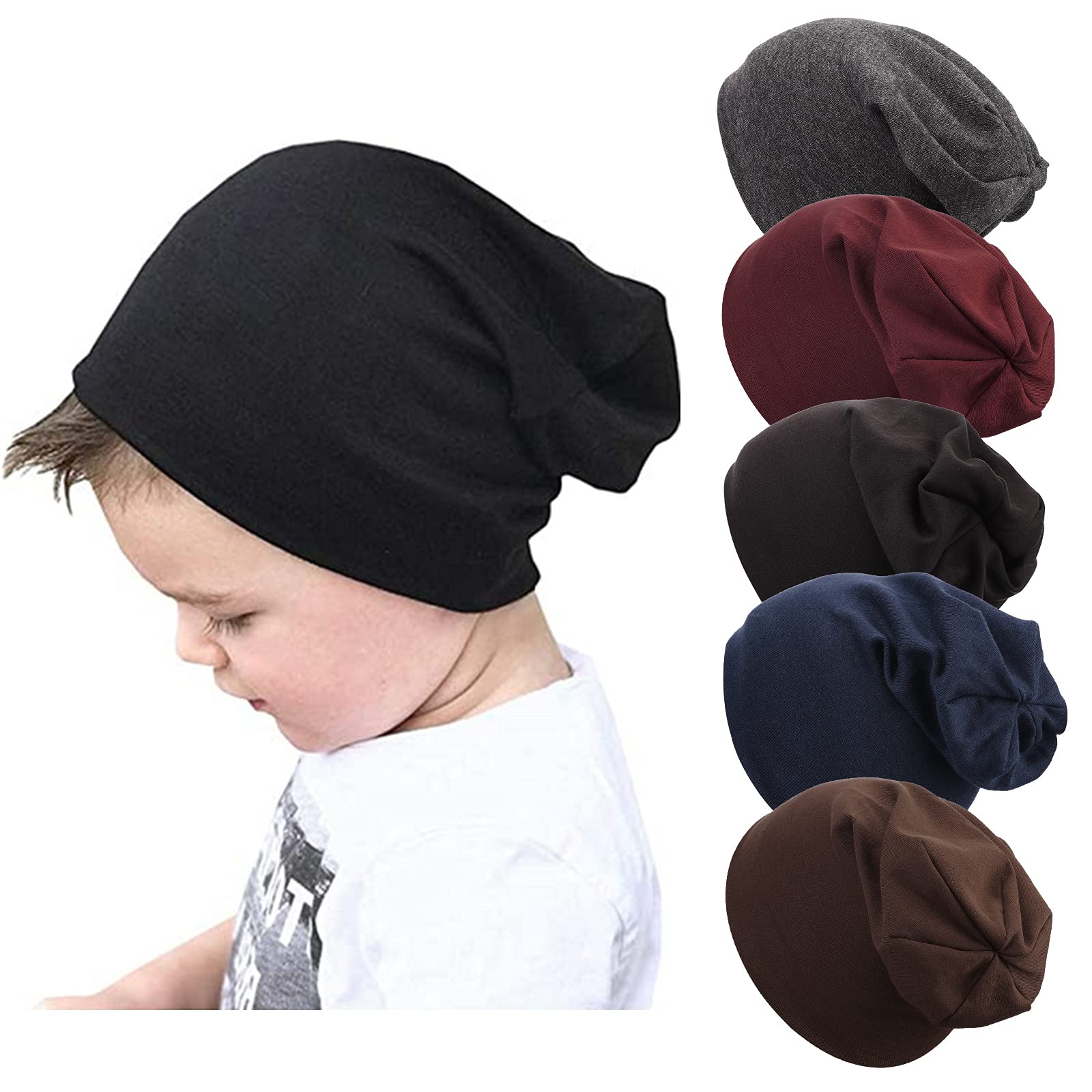 DRESHOW BQUBO 5 Pack Unisex Baby Hats for Kids Cotton Skull Caps Soft Cute Knit Cap Baby Toddler Beanie for 3 Months - 6 Years