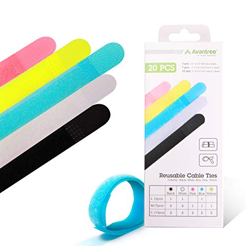 Avantree Pack of 20 Reusable Cord Organizer Keeper Holder, Fastening Cable Ties Straps for Earbud Headphones Phones Electronics Electrical Computer PC Wire Wrap Management, Assorted 3 Size and 5 Color