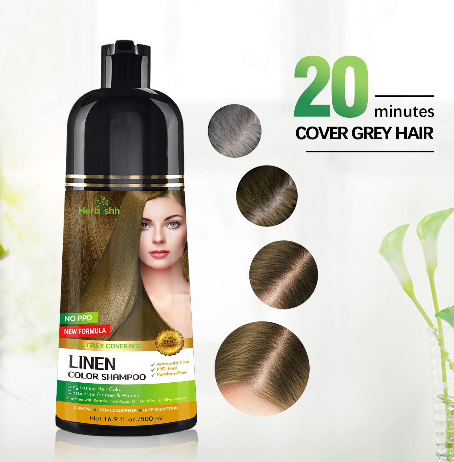 Herbishh Hair Color Shampoo - Magic Gray Hair Dye, Long-Lasting 3-in-1 Coloring Formula, 500ml, Ammonia-Free (Linen)
