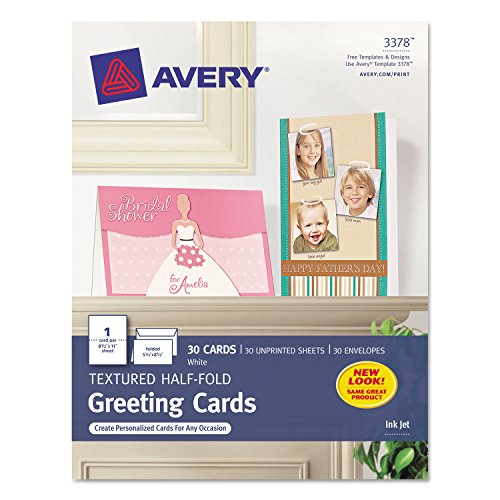 Avery 3378 Textured Half-Fold Greeting Cards, Inkjet, 5 1/2 x 8 1/2, White, Envelopes Included (Box of 30)