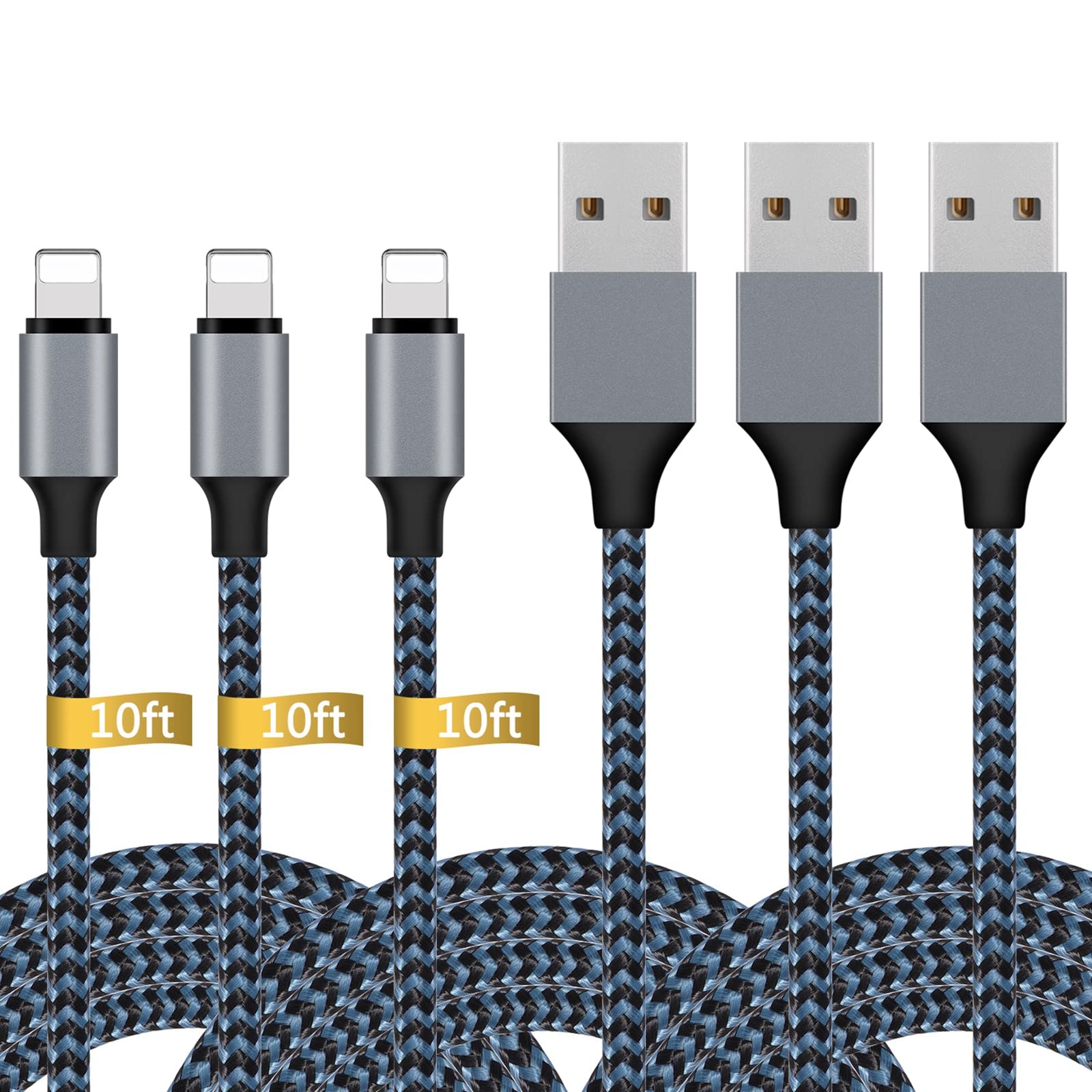 Atill iPhone Charger 10FT iPhone Charger Cable Nylon Braided Charging Cord Compatible iPhone 14/13/12XR XS XSMax X 8 8 Plus 7 7 Plus 6 6s Plus SE 5 5s 5c (Blue), 3 Pack