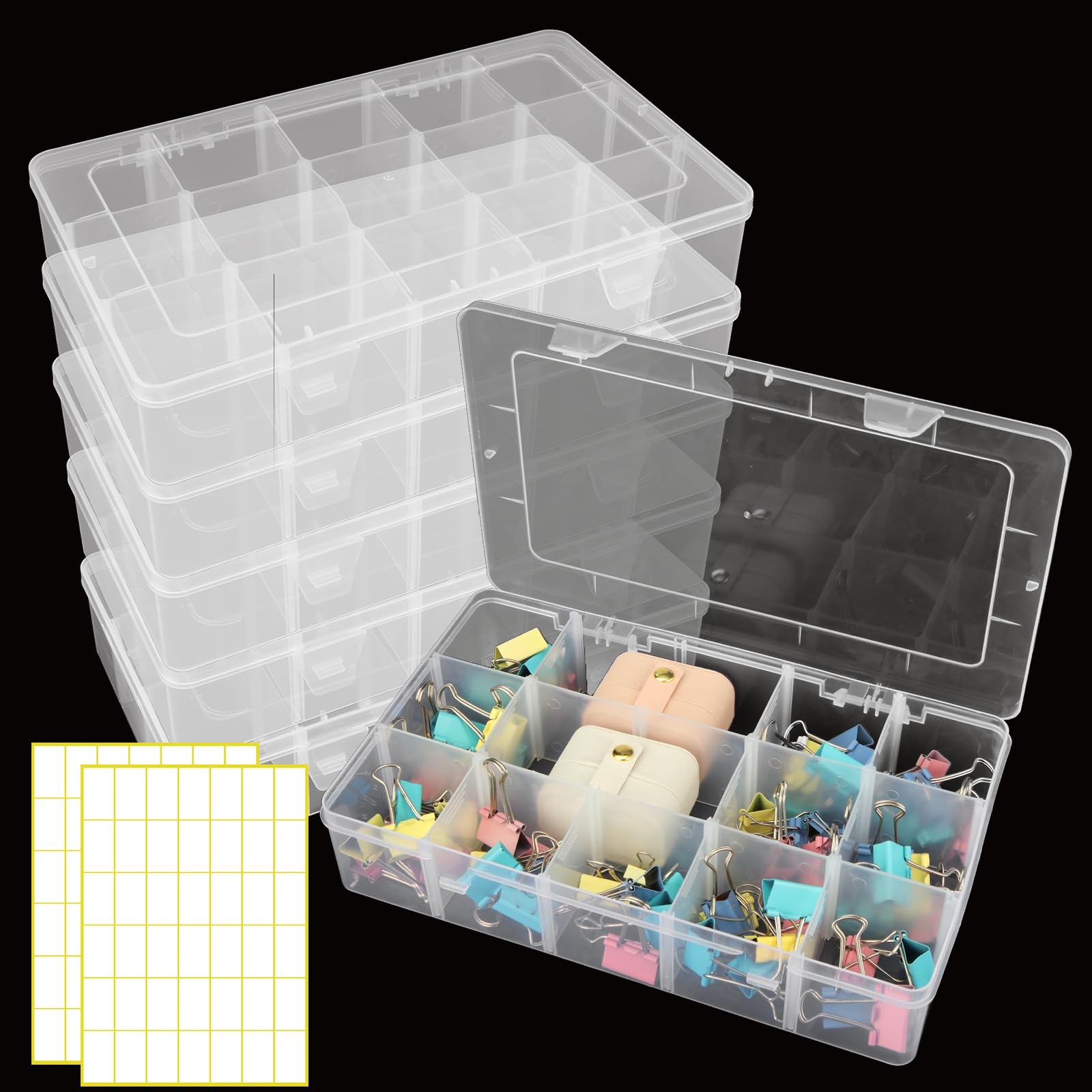 6 Pack Large 15 Grids Plastic Organizer Box with Dividers, 15 Compartment Organizer, Clear Tackle Box Organizers and Craft Storage with Adjustable Removable Divider, Fishing Organizer Box for Art DIY