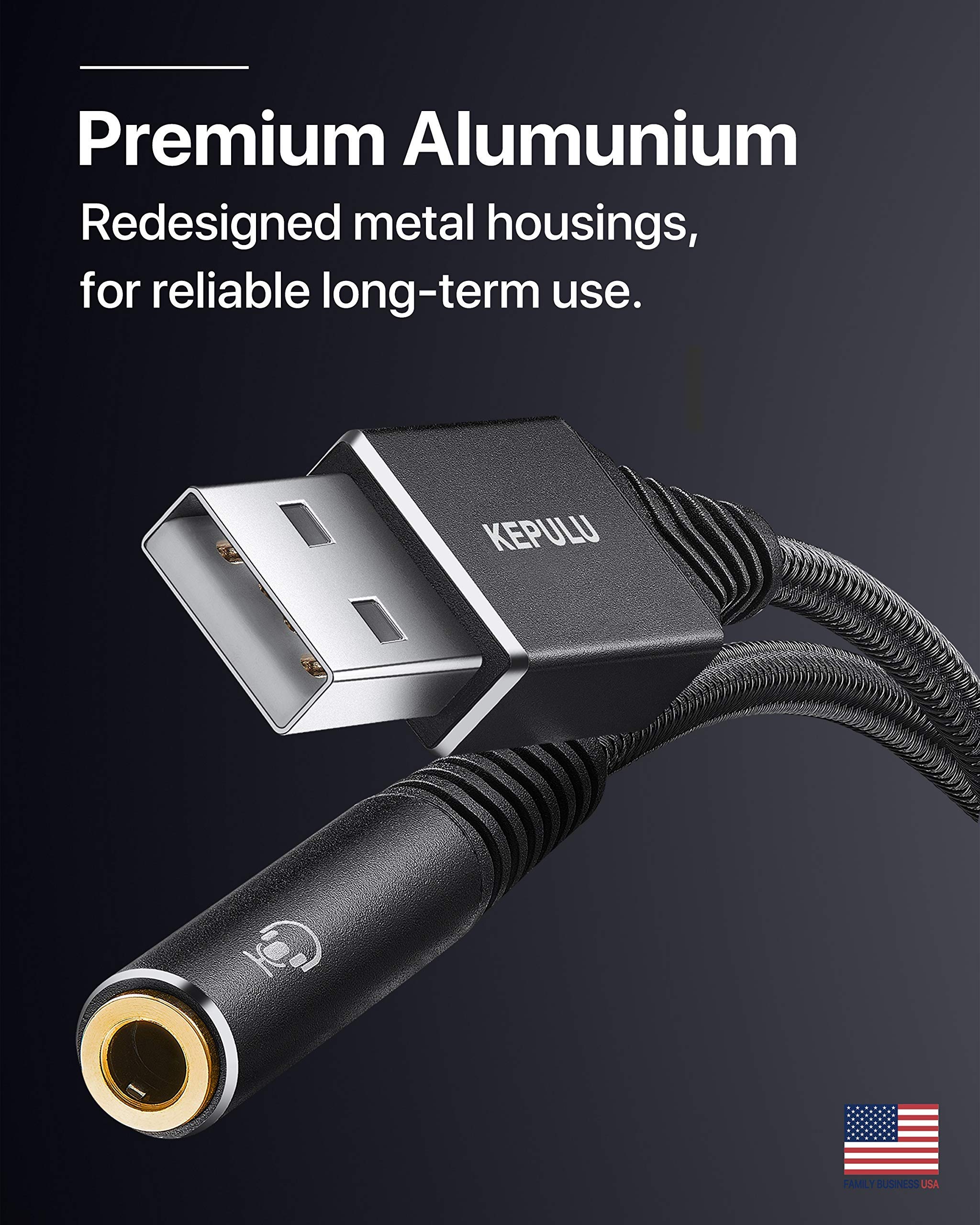 Long Nylon Braided USB Aux Adapter, 4ft/1.2m USB to Audio Jack, Smart Chip, 99.99% 4N OFC, TRRS External Sound Card for PC, Headphone Jack, 4-Pole Microphone, PS5 PS4 and More -Kepulu Pro Audio Line
