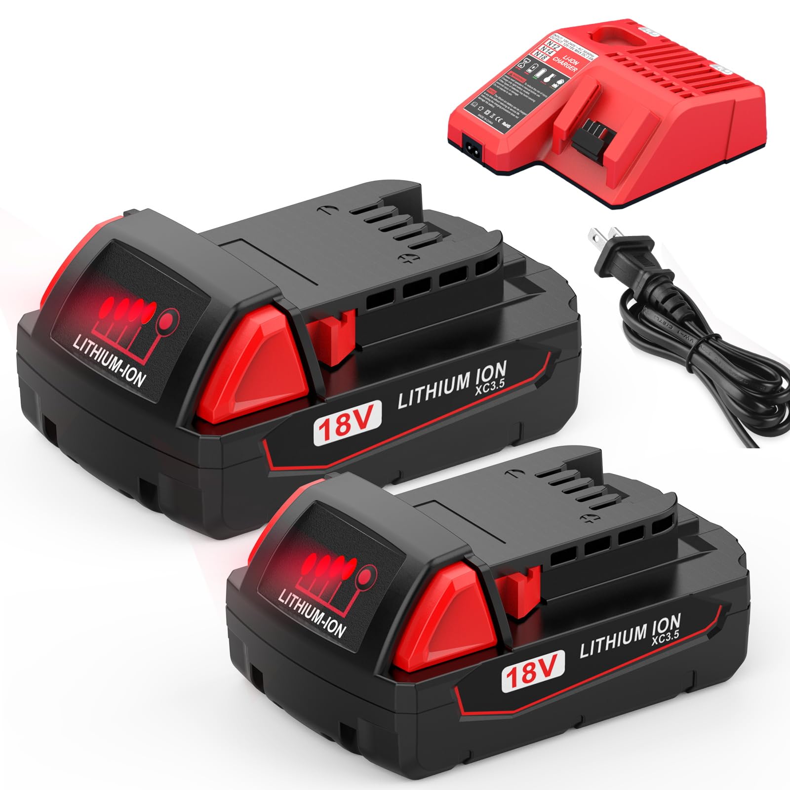 2Pack Replacement for m18 Battery Milwaukee 18V Lithium Starter Kit, 48-11-1815 48-11-1820 48-11-1828 18Volt Milwaukee M18 Battery XC + 48-59-1812 Charger for 18V Milwaukee M18 Battery