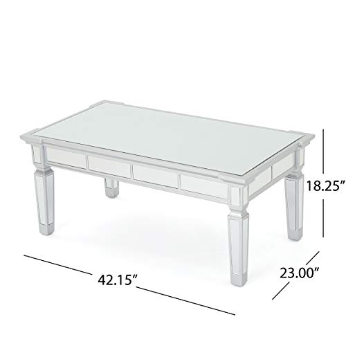 Christopher Knight Home Solanna Mirror Finished Faux Wood Coffee Table, Clear / Mirror White, 23 in x 42.15 in x 18.25 in