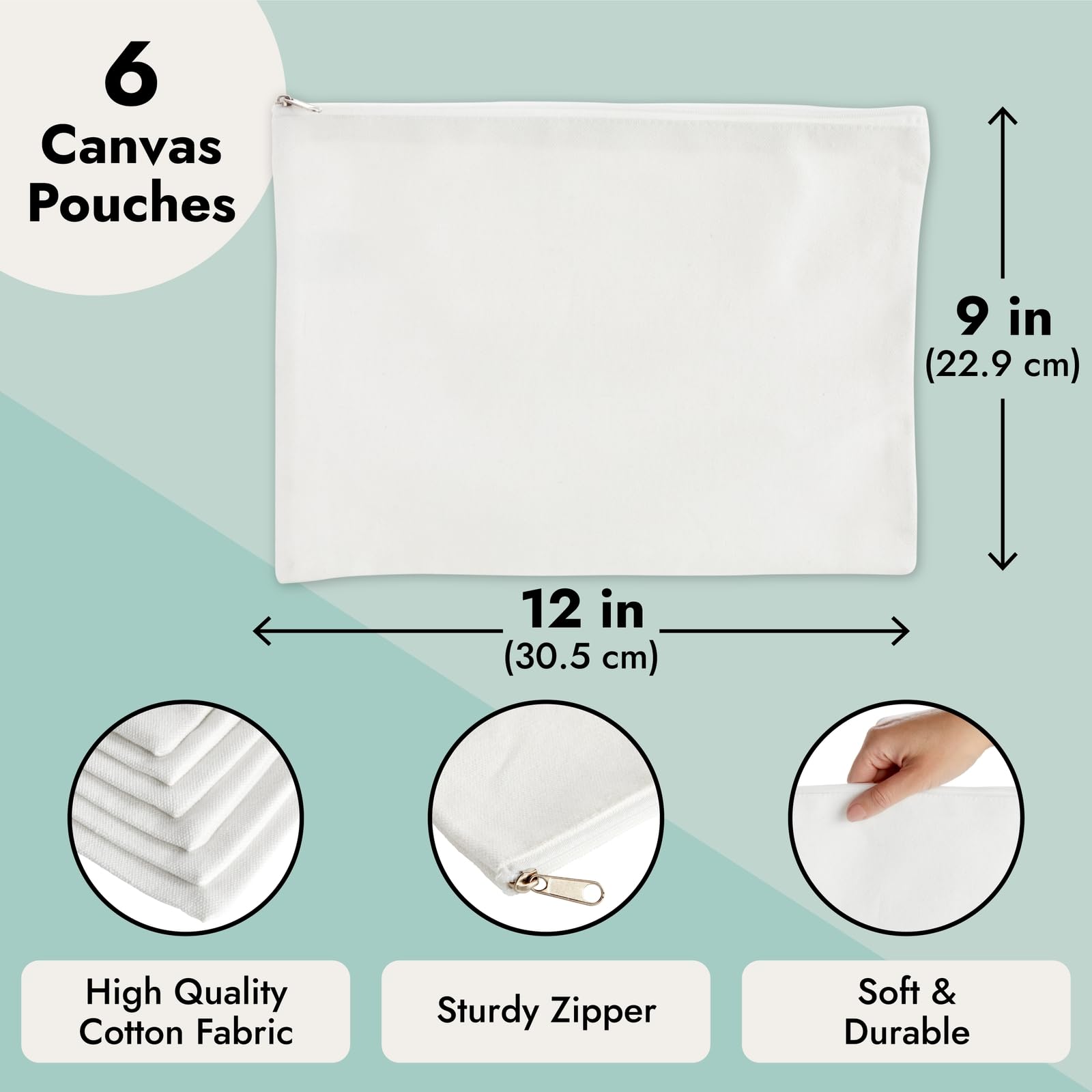 Bright Creations 6 Pack Large Cosmetic Canvas Pouch With Zipper 9 x 12, Blank Bag Organizer Purse for Travel, Toiletry, DIY Crafts