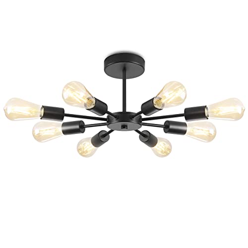 ANWIO Modern Flush Mount Ceiling Light Metal Art Industrial Ceiling Light 8 Lights Black Sputnik Painted Finish Chandelier for Kitchen Farmhouse Living Room Dining Room(8Head)