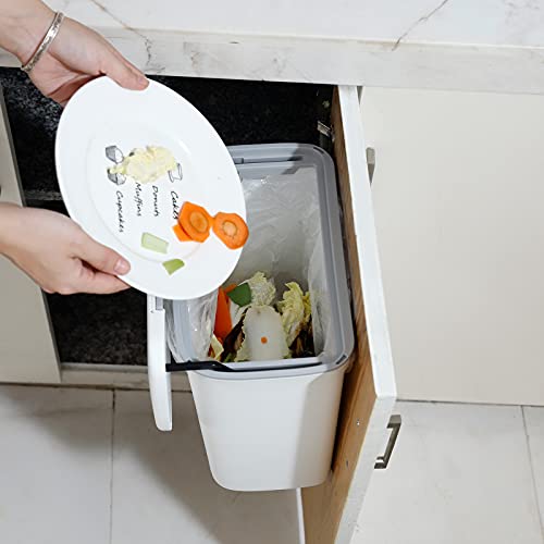 Lunies 2.4 Gal Compost Bin/Hanging Small Trash Can with Lid for Kitchen Cabinet Door/Counter Top/Under Sink/Bedroom/Bathroom/Cupboard White