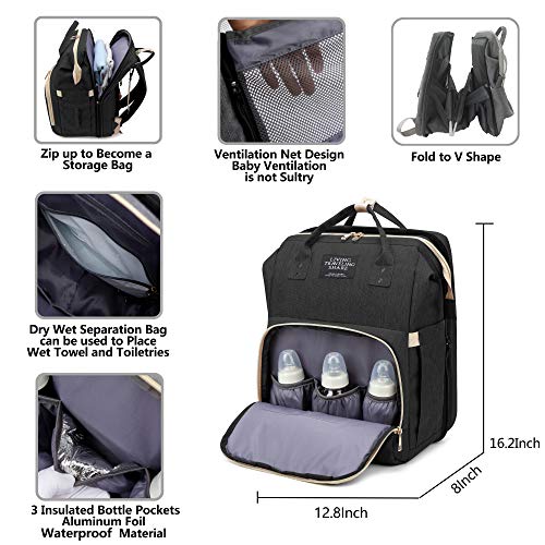Lamroro Diaper Bag Backpack, Baby Nappy Changing Bags Multifunctional Travel Backpack, Large Capacity, Waterproof, Sunshade, Built-in USB Charging Port Stylish Black