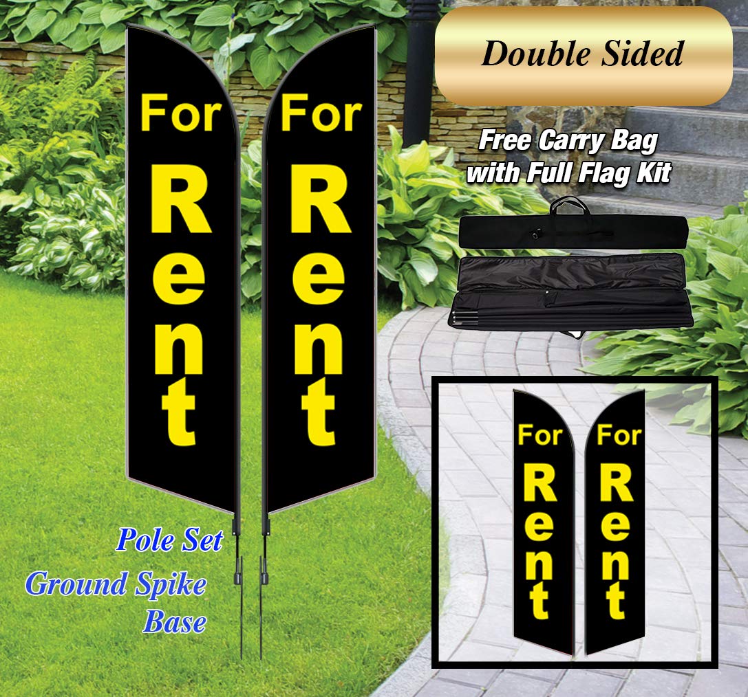 BannerBuzz Blade Flag “For Rent”, 2' X 9.58' | 13' ft Long Graphic with Hardware Includes Aluminum Flag Pole & Ground Spike Base (Theme 2) (Double Side Print)