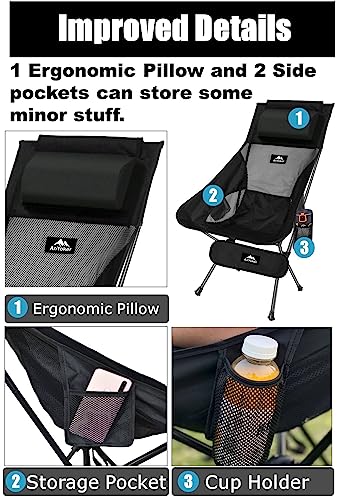 AnYoker Camping Chair, High-Back Compact Backpacking Chair, Portable Folding Chair, Beach Chair with Side Pocket and headrest, Lightweight Hiking Chair 0066 (Black)