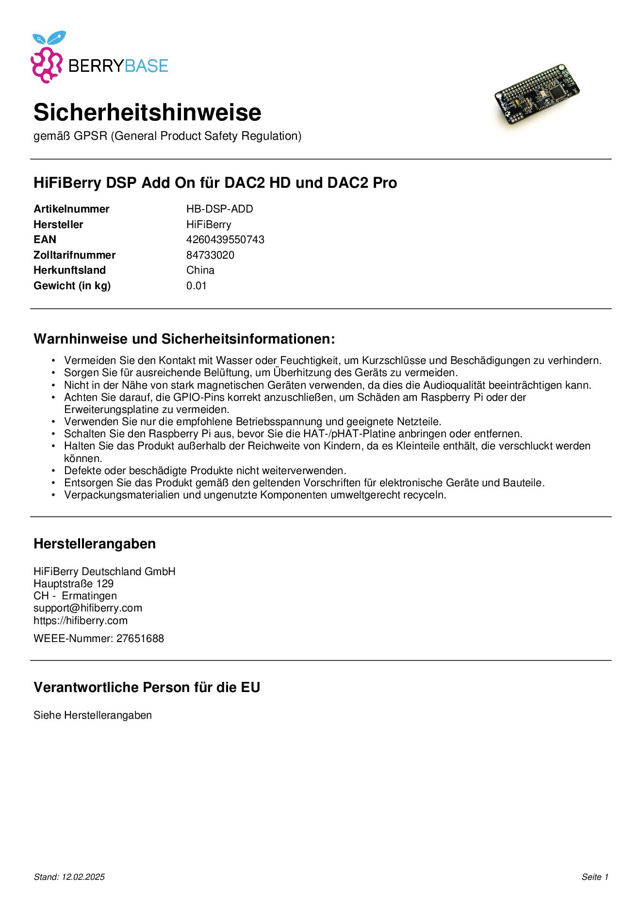 HiFiBerry DSP Add On for DAC2 HD and DAC2 Pro