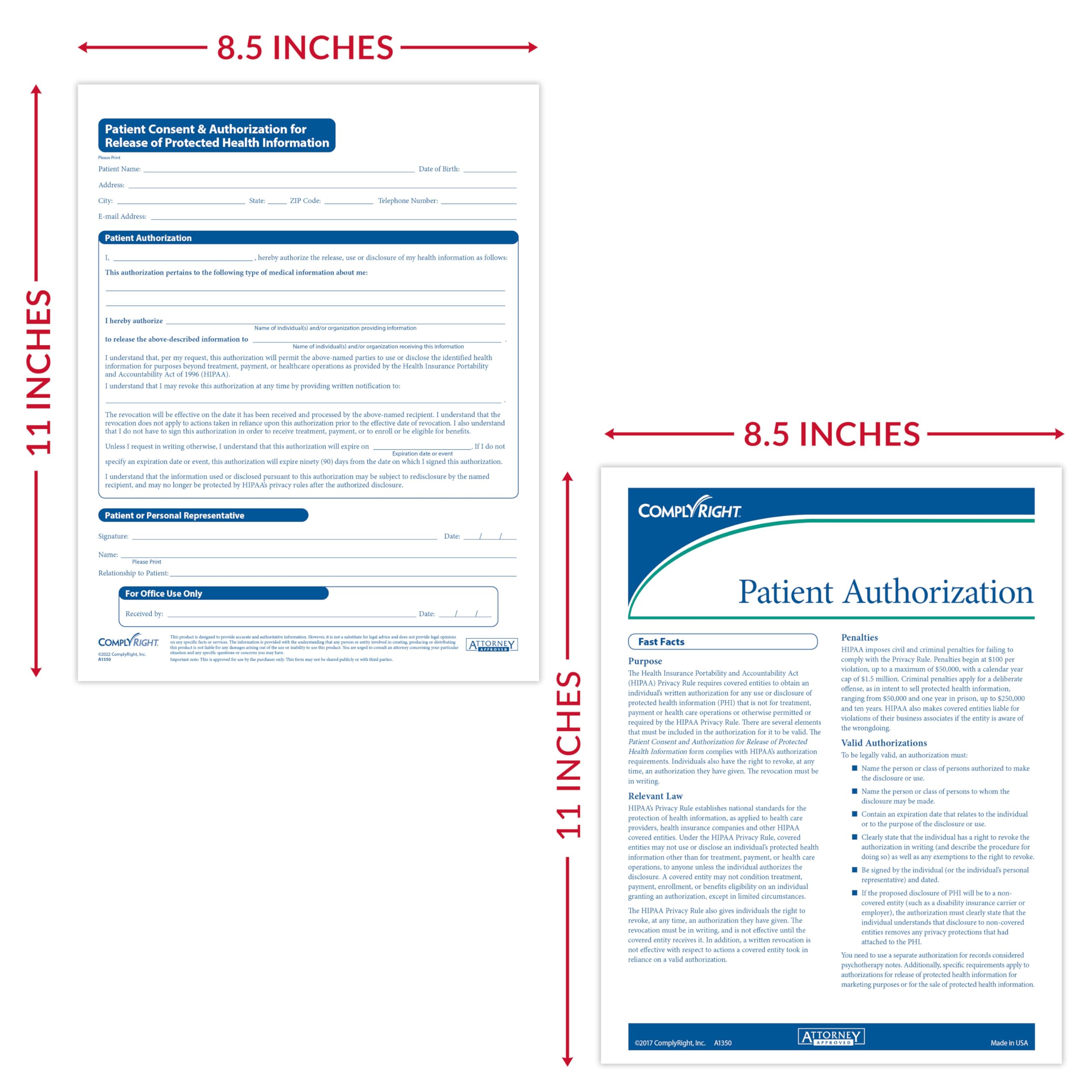 ComplyRight HIPAA Patient Consent & Authorization for Release of PHI | 8-1/2” x 11” | Medical Form | 200 Pack