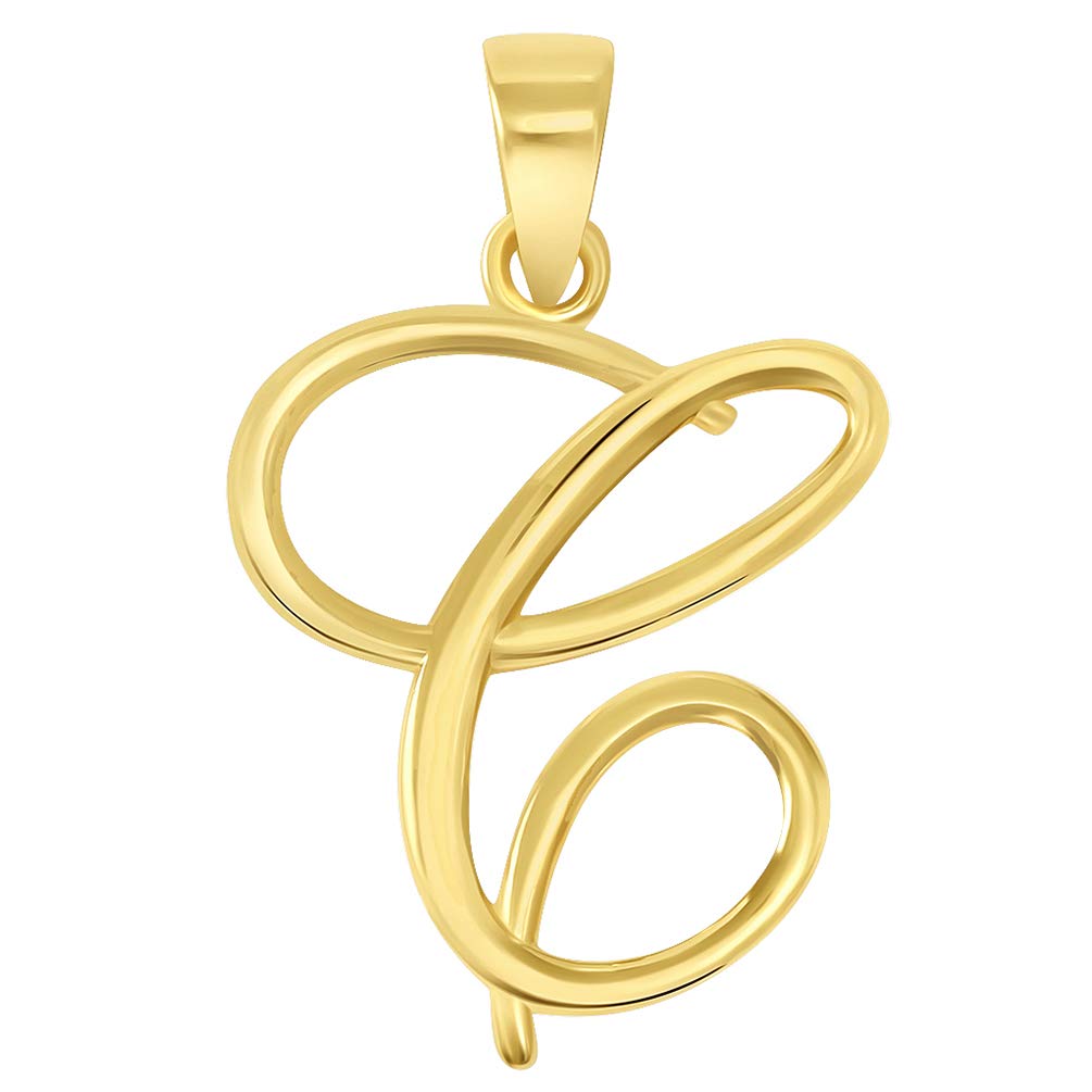 14k Yellow Gold Elegant Script Letter C Cursive Initial Charm with Safety Pin Brooch