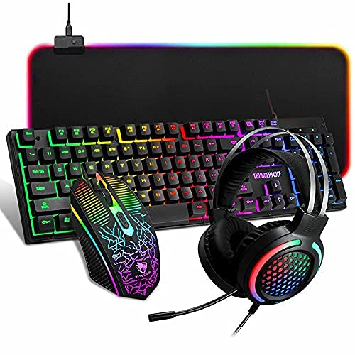 2021 Mouse Pad XL RGB LED & Gaming Keyboard Headset, Wired Backlight Bundle for PC Gamers Laptop Xbox PS (Red Blue Yellow Green, Innovation 4 in 1) (TF-400)