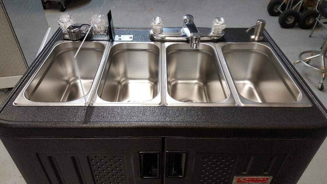Concession Sinks Standard Propane 3 Compartment with Removable Accessory Shelf, Soap Dispenser and New! 3" Caster Wheel Base by Concession Sinks