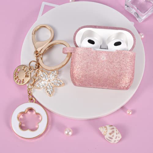 Bling AirPods Pro Case 1st Gen-VISOOM Silicone Cute Cover Women for Apple iPod Pro Charging Case Protective Air Pod Pro case Glitter Earpods Case with Keychain Rose Gold