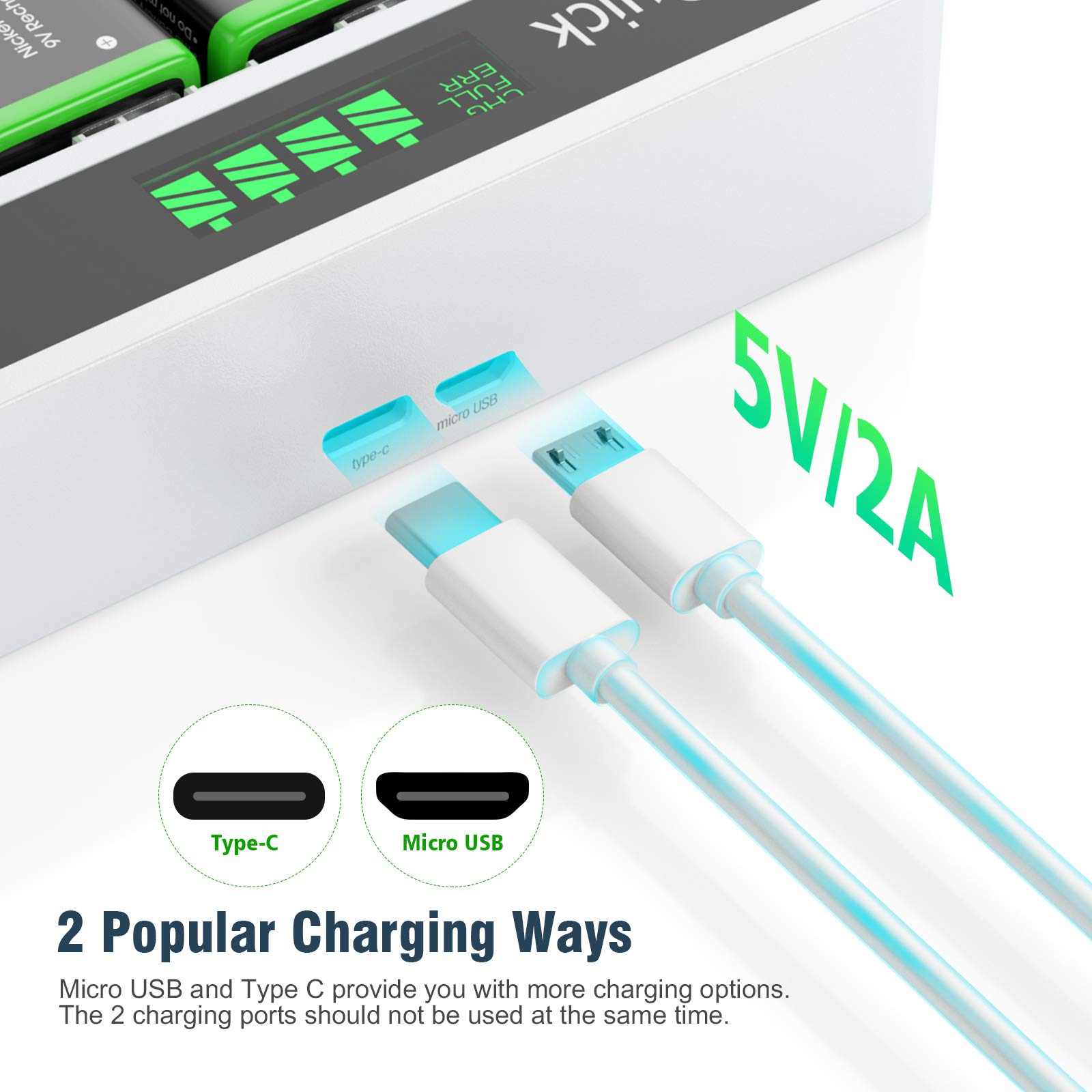 HiQuick 9 Volt Charger, 4 Bay LCD 9V Charger for 9V NiMH NiCD Li-ion Rechargeable Battery