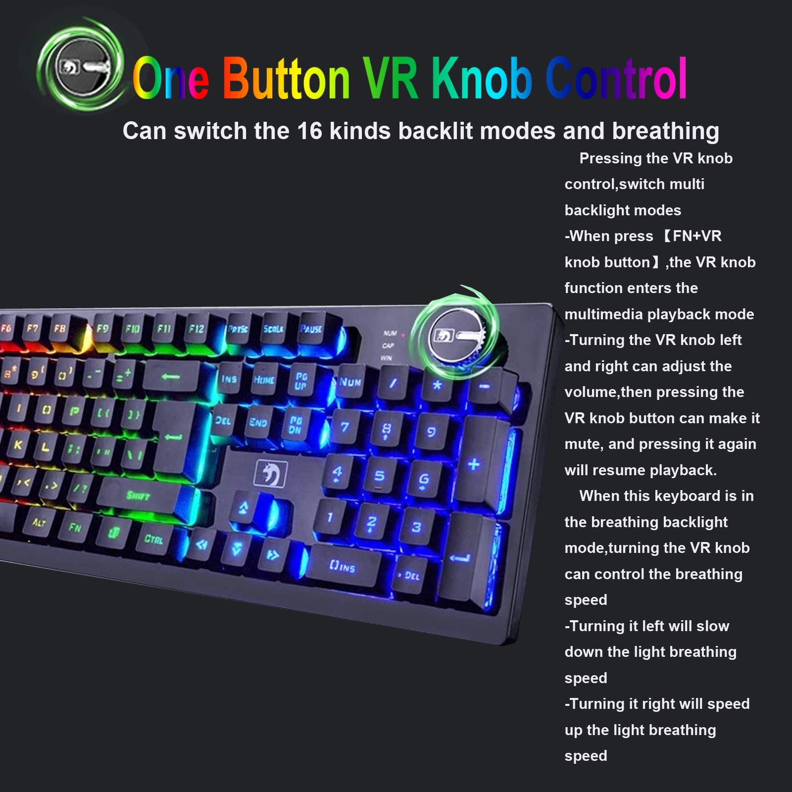Rechargeable Gaming Keyboard Mouse Combo,2.4G Wireless,16 Kinds of RGB LED Backlit,Mechanical Feeling Keyboards with Knob Control,2400dpi Ergonomic Mouse with 7 Color Breathing LED Light (Black RGB)