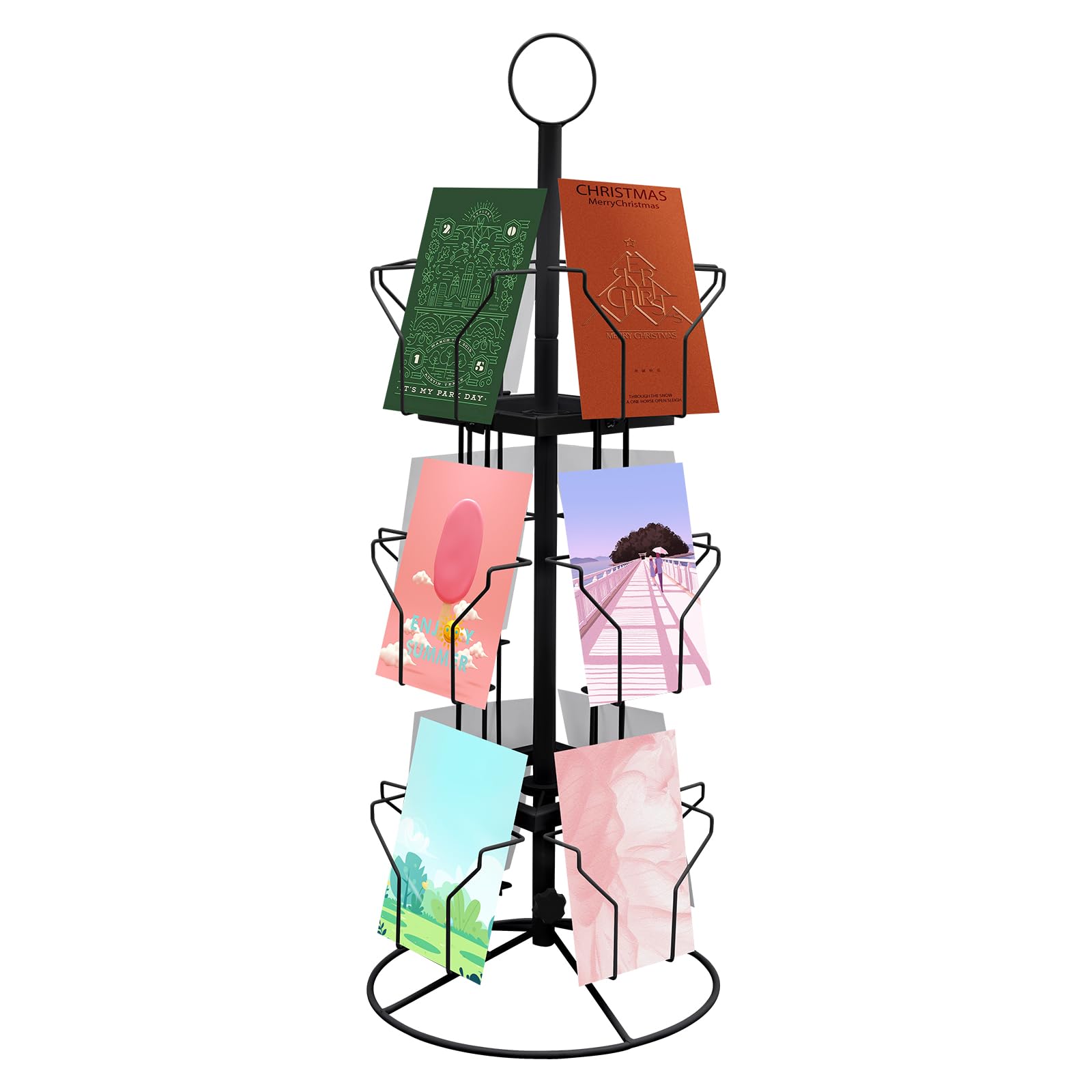 3 Tier Greeting Card Display Stand with 12 Card Pockets, 360°Rotating Card Stand Card Display Stand, Freestanding Mental Greeting Card Display Rack Card Holder Stand for Home Shops Office (White)