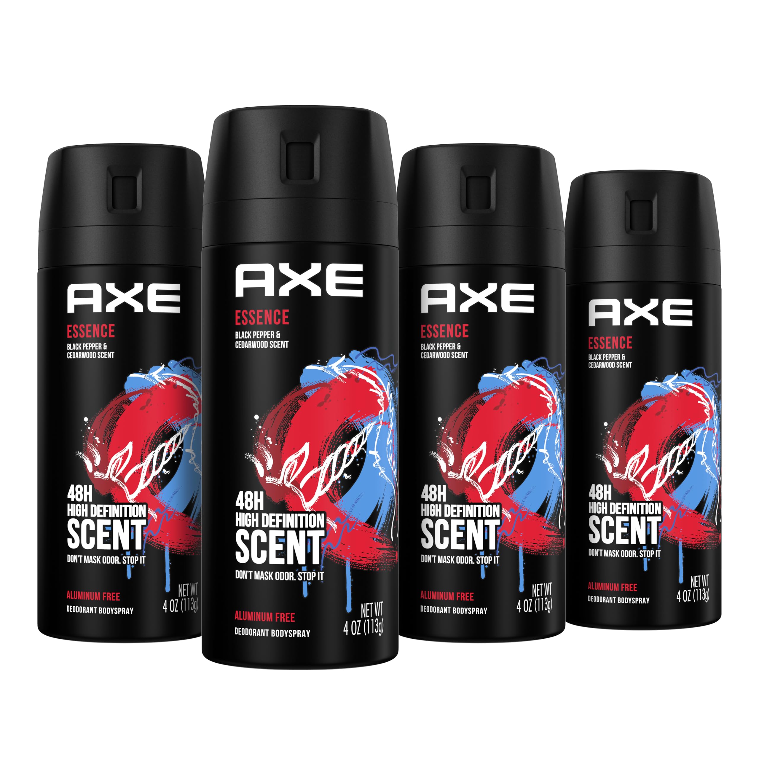 AXE Body Spray Deodorant for Long Lasting Odor Protection Essence Black Pepper & Cedarwood Men's Deodorant Formulated Without Aluminum, 4 Ounce (Pack of 4)