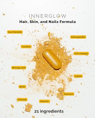 Inner Glow Advanced Hair, Skin & Nails Formula - Dermatologist and Plastic Surgeon Developed, clinically Tested for visibly Stronger and Thicker Hair in 12 Weeks