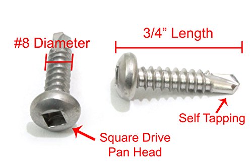 Bolt Dropper 8 x 3/4" Stainless Pan Head Square Drive Sheet Metal Self Tapping Drilling Screws, (100pc) 410 SS, Corrosion Resistant Choose Size and Qty,.