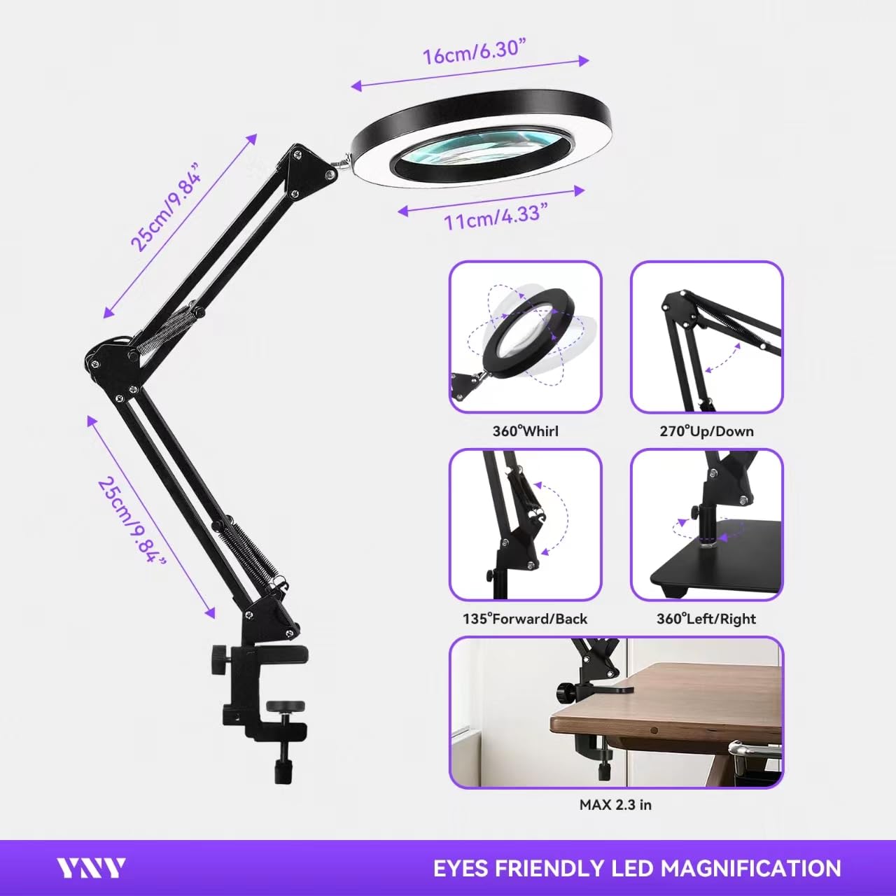 2-in-1 Magnifying Glass with Light and Stand,10X Magnifying Lamp with 3 Color Modes,Dimmable LED Lighted Magnifier Lamp & Clamp for Repair Reading,Crafts,Painting,Close Works (Black-3)