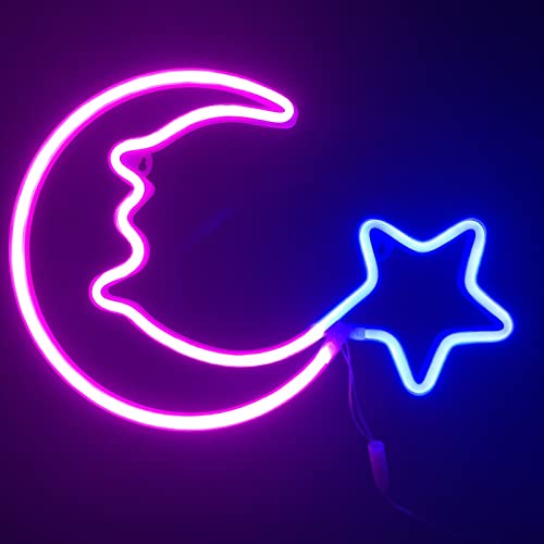 Night Lights for Kids|Neon Signs Pink Moon Blue Star LED Neon Lights for Baby Nursery Room,Wall Art Décor|USB Powered Children Lighting for Bedroom,Party,Christmas Birthday Gifts(YLX-FLA)