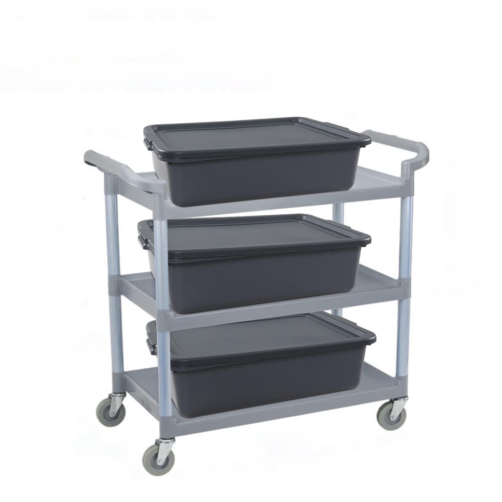 Minekkyes 3-Pack Plastic Commercial Tote Box, Bus Tubs/Bus Box with Lid, Grey