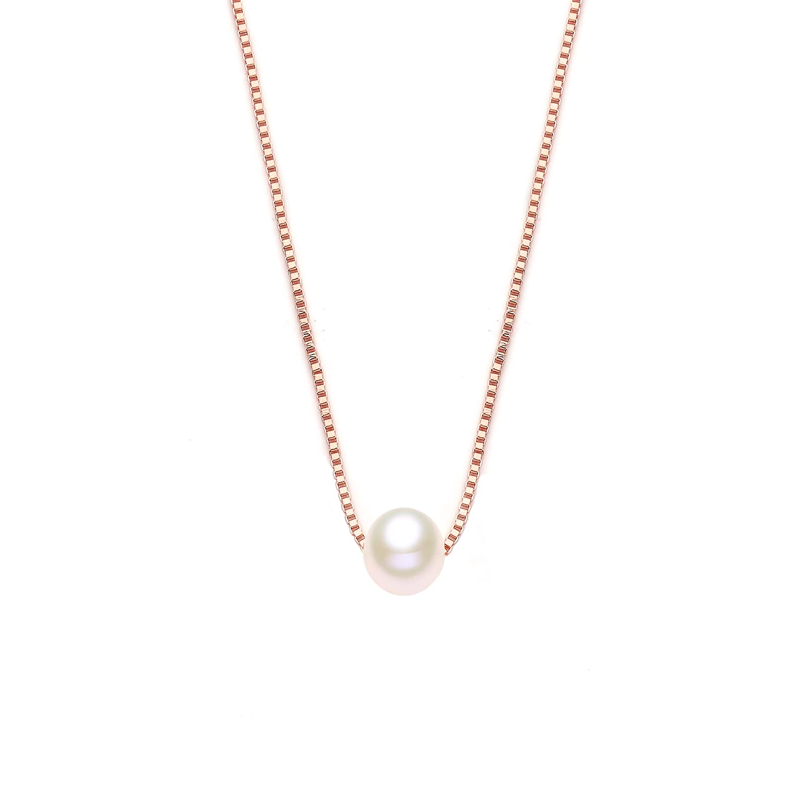 14K Yellow Gold Pearl Necklace for Women, Real Gold Durable Box Chain with Single Cultured Pearl Pendant Necklace Anniversary Birthday Gift for Her, Wife, Mother, Girl 18 Inch (Rose Gold)