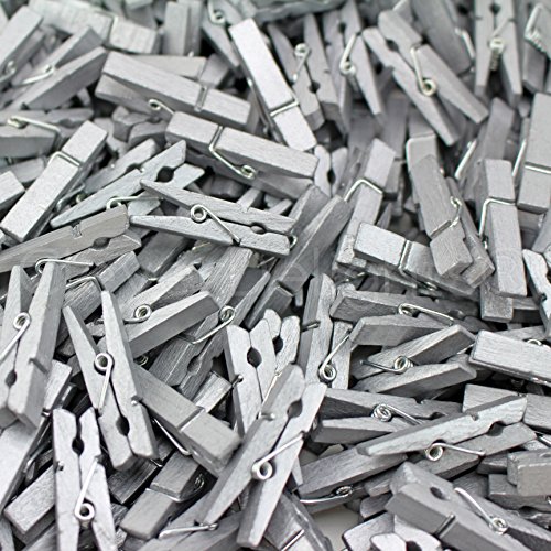 CleverDelights 1 3/8" Mini Wood Clothespins - Metallic Silver - 50 Pack