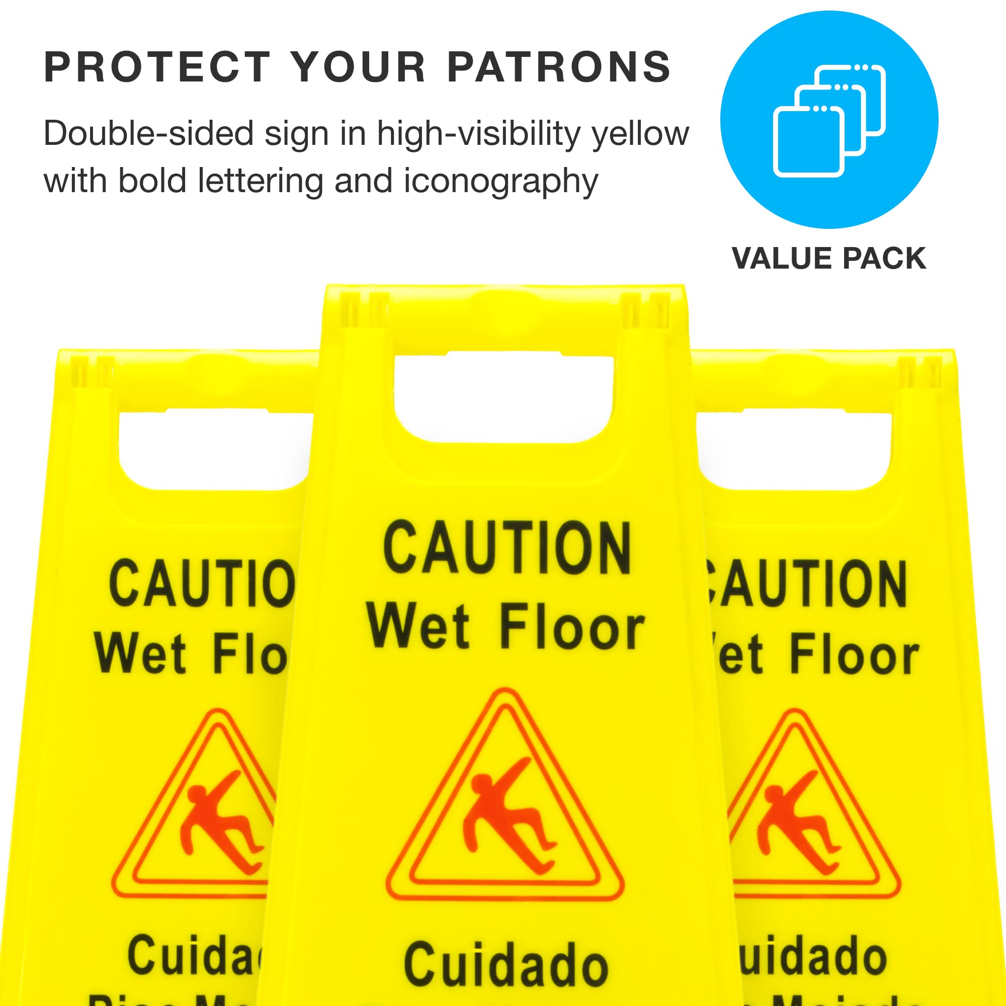 Bolthead Industrial Caution Wet Floor Signs | 2-Sided Bilingual Warning, Piso Mojado | Slip & Fall Accident Prevention | 3 Pack