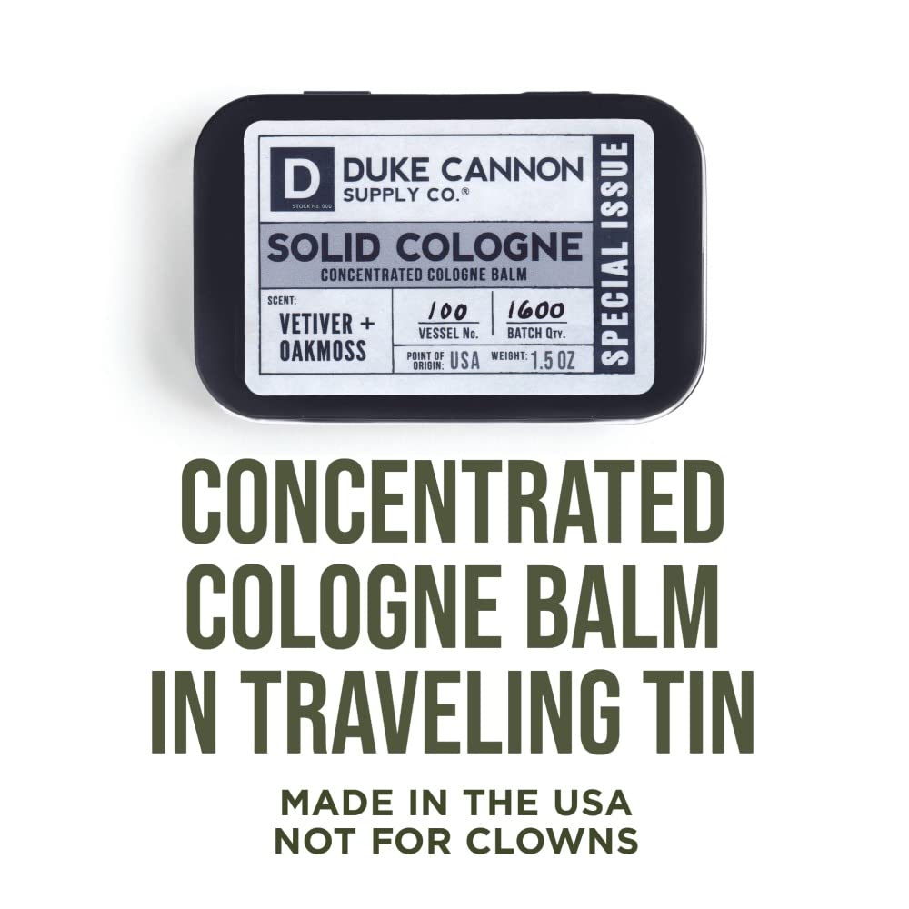 Duke Cannon Supply Co. Solid Cologne for Men Special Issue Vetiver and Oakmoss (Fresh Air, Sandalwood) - Concentrated Balm, Travel-Friendly Tin, 1.5 oz