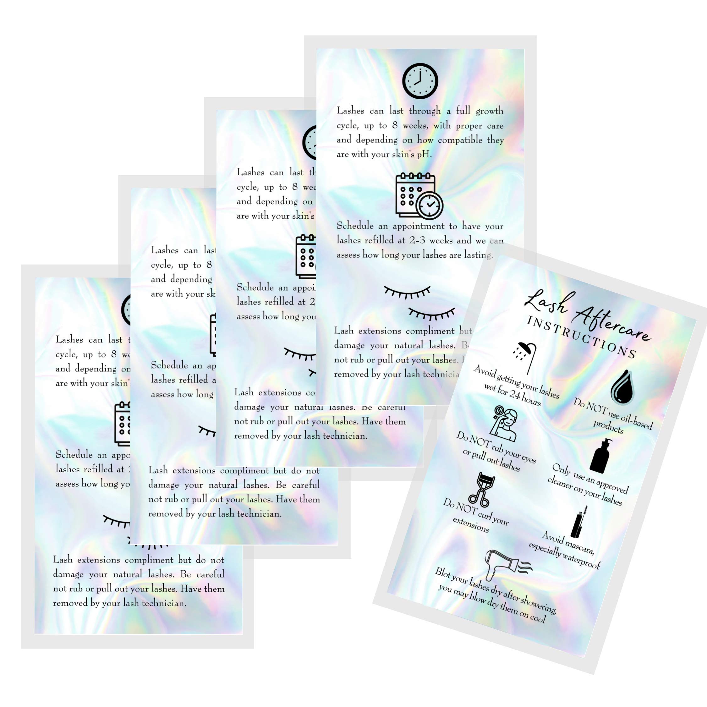Lash Extension Aftercare Cards | 50 Pack | Business Card Size 3.5 x 2" inches After Care (2-3 Week Fillers) | Non-Reflective Matte Rainbow Holographic Look Design
