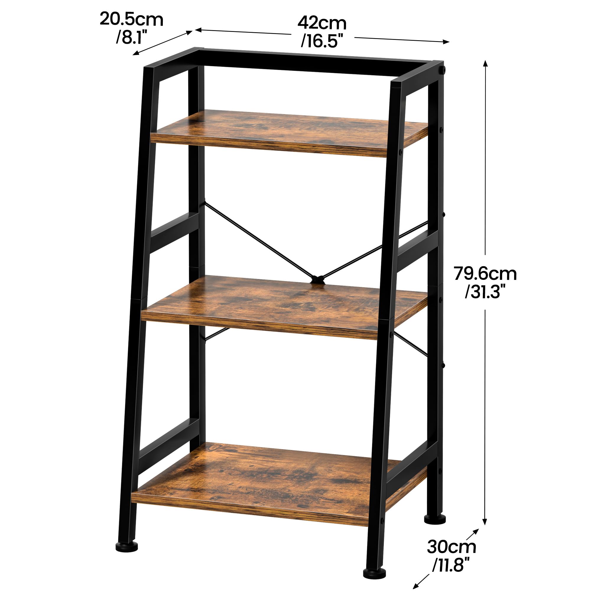3-Tier Bookshelf, Ladder Shelf, Industrial Bookcase with Steel Frame, Metal Small Bookcase, for Living Room, Home Office, Kitchen, Bedroom, Industrial Style(Rustic Brown & Black)