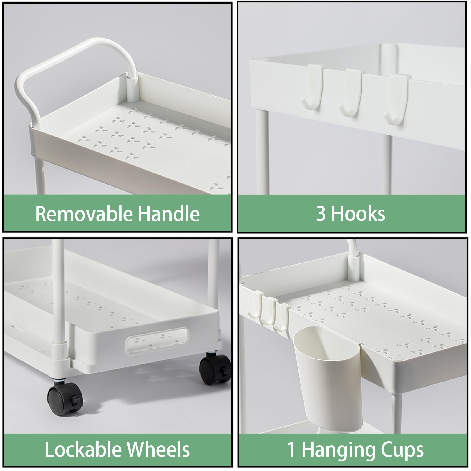 3 Tier Rolling Utility Cart with Drawers, Art Cart, Slide Out Bathroom Organizer with Lockable Wheels, Storage Trolley Cart with 1 Hanging Cups & 3 Hooks for Kitchen Office Laundry (3 Story, White)