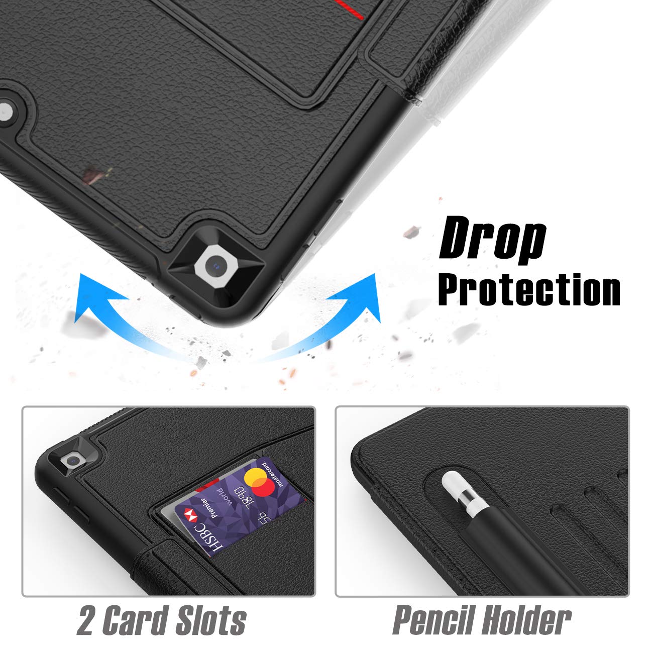 DUNNO Case for iPad 9th/ 8th/ 7th Generation (iPad 10.2-Inch 2021/2020/2019), Shockproof Magnetic Multi-Angles Stand Cover Case with Pen Holder & Card Pocket, Auto Wake/Sleep (Black)