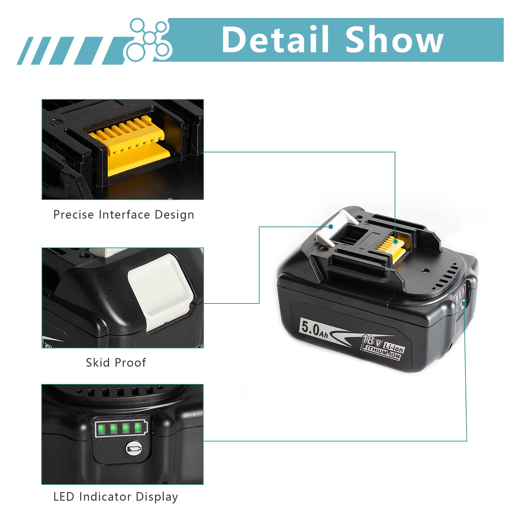 2Packs Upgraded 5.0Ah 18V BL1850B with LED Replacement Lithium-ion Battery Compatible with Makita 18 Volt Battery for Compatible Makita 18V Lithium-Ion Cordless Power Tools (4)