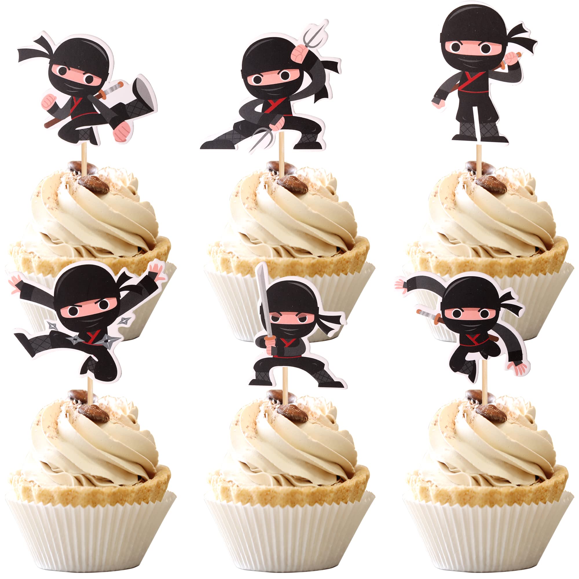 24 PCS Ninja Cupcake Toppers Assembled Martial Arts Karate Kung Fu Warriors Cupcake Picks Decorations for Ninja Theme Baby Shower Kids Birthday Party Supplies