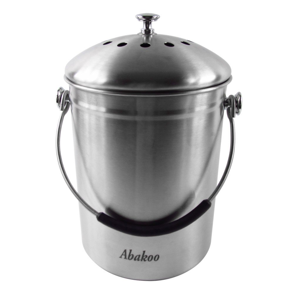 Abakoo Compost Bin 304 Stainless Steel Kitchen Composter Waste Pail Indoor Countertop Kitchen Bin Pail - includes 4 Filters (1.3 Gallon)