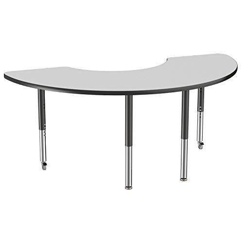 Factory Direct Partners 10076-GYBK Mobile Half Moon Activity School and Office Table (36" x 72"), Super Legs with Glides and Casters, Adjustable Height19-30" - Gray Top and Black Edge
